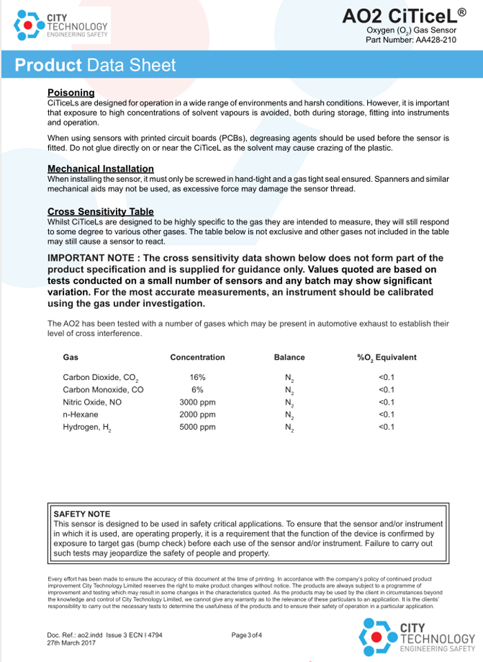 PTB 18.10 AO2 CiTiceL Oxygen Sensor (UK CITY AO2 Oxygen Gas Sensor): USD40